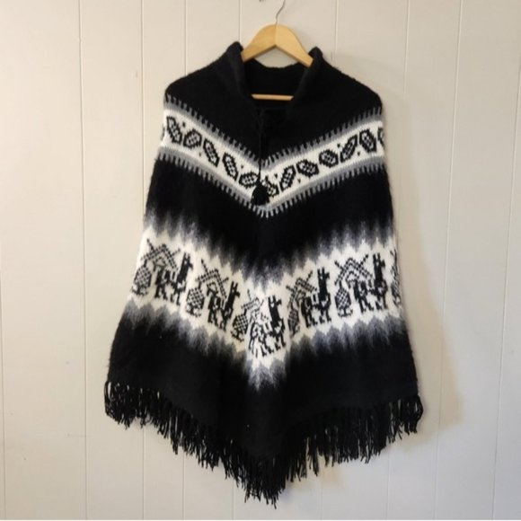 Vintage | Accessories | Vintage Black Fringe Alpaca Wool Poncho Wrap ...